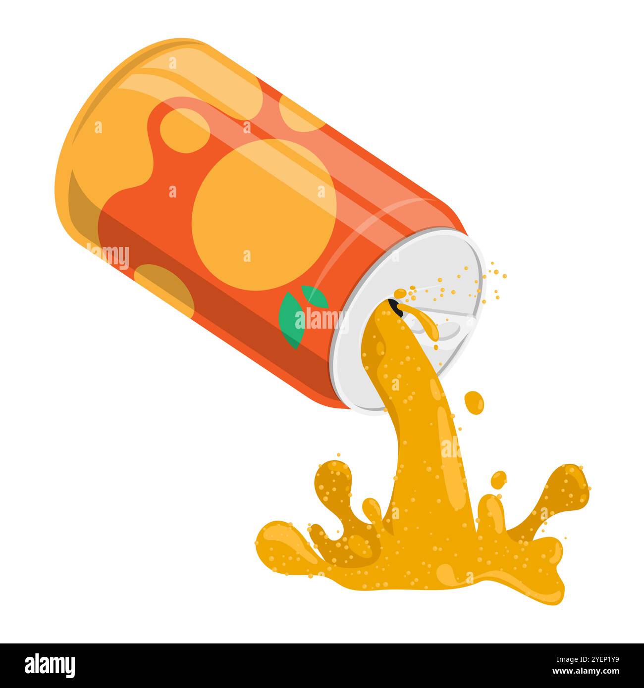 Orange carbonated juice is pouring from an open aluminum can with orange soft drink. Cool fruit ...