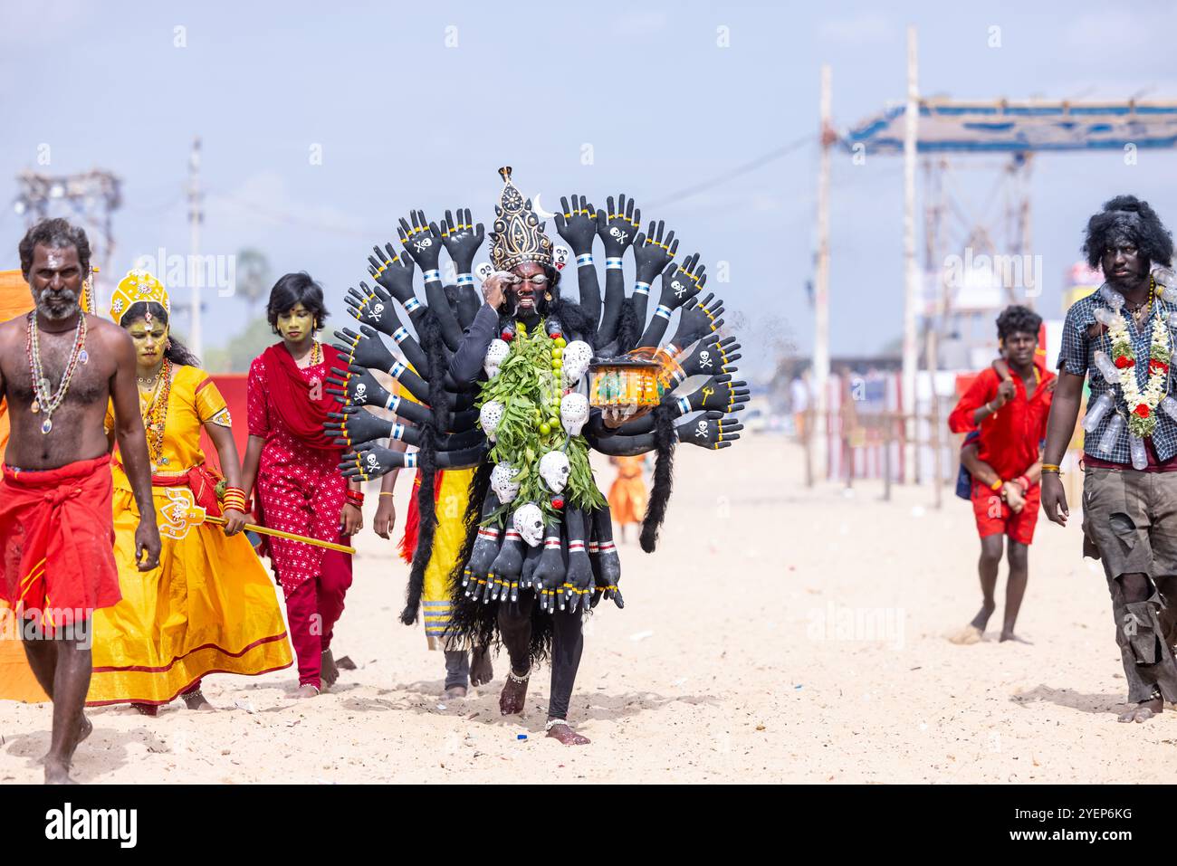 Kulasai Dasara, Portrait of indian hindu devotee with painted face and ...