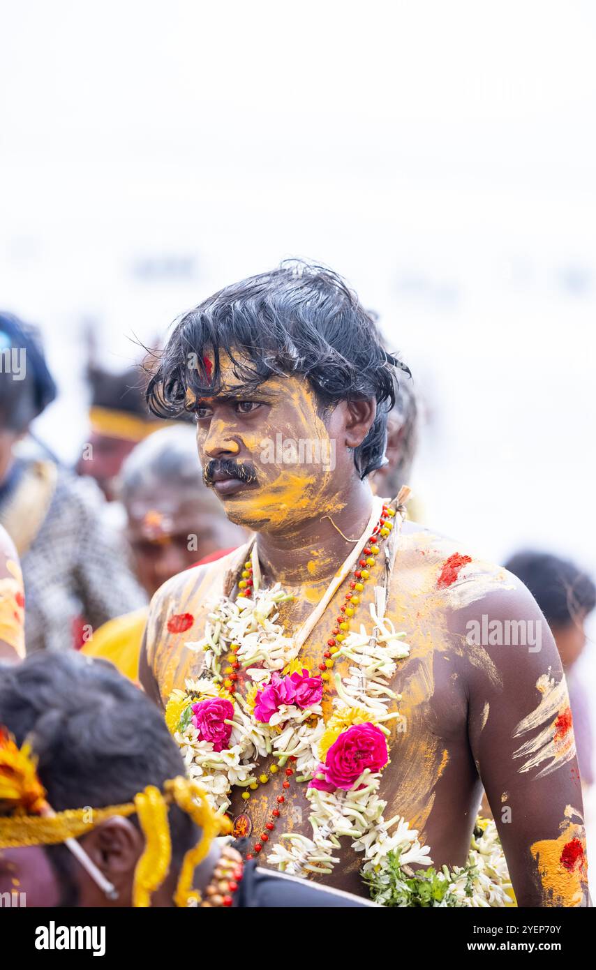 Kulasai Dasara, Portrait of indian hindu devotee with painted face and ...