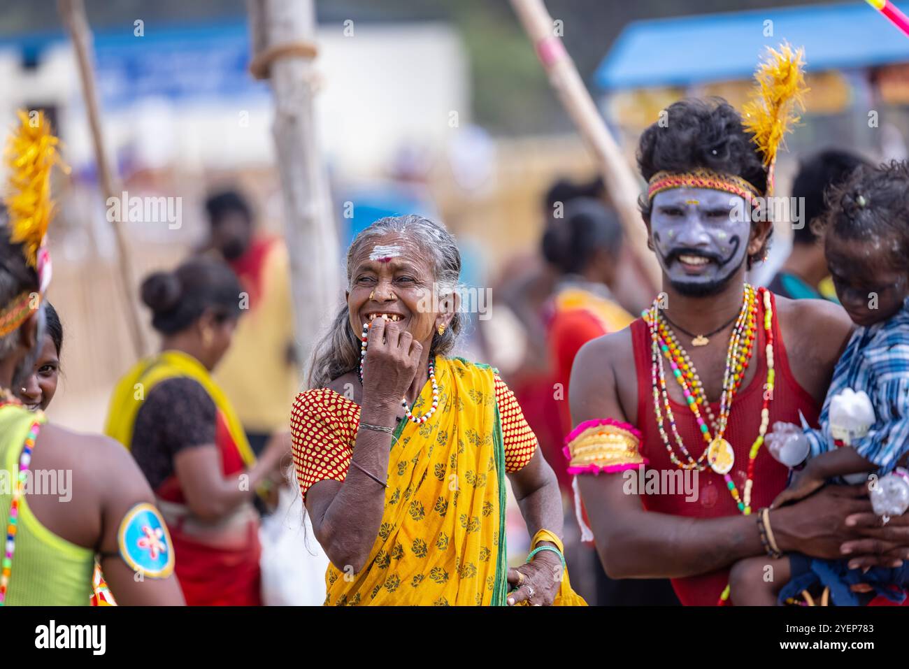Kulasai Dasara, Portrait of indian hindu devotee with painted face and ...
