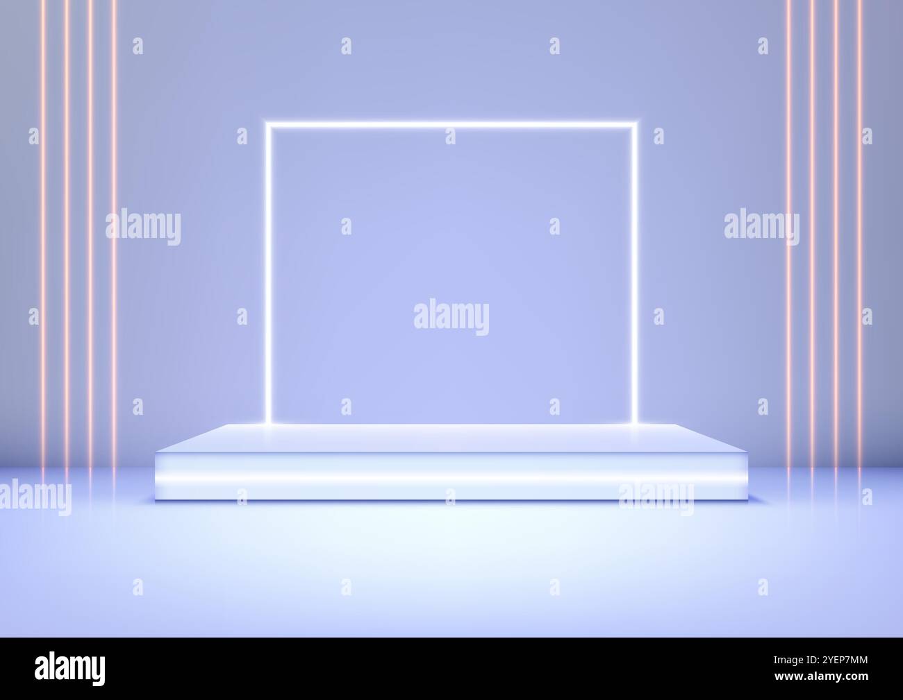 Futuristic 3D white podium with neon square frame on a reflective floor ...