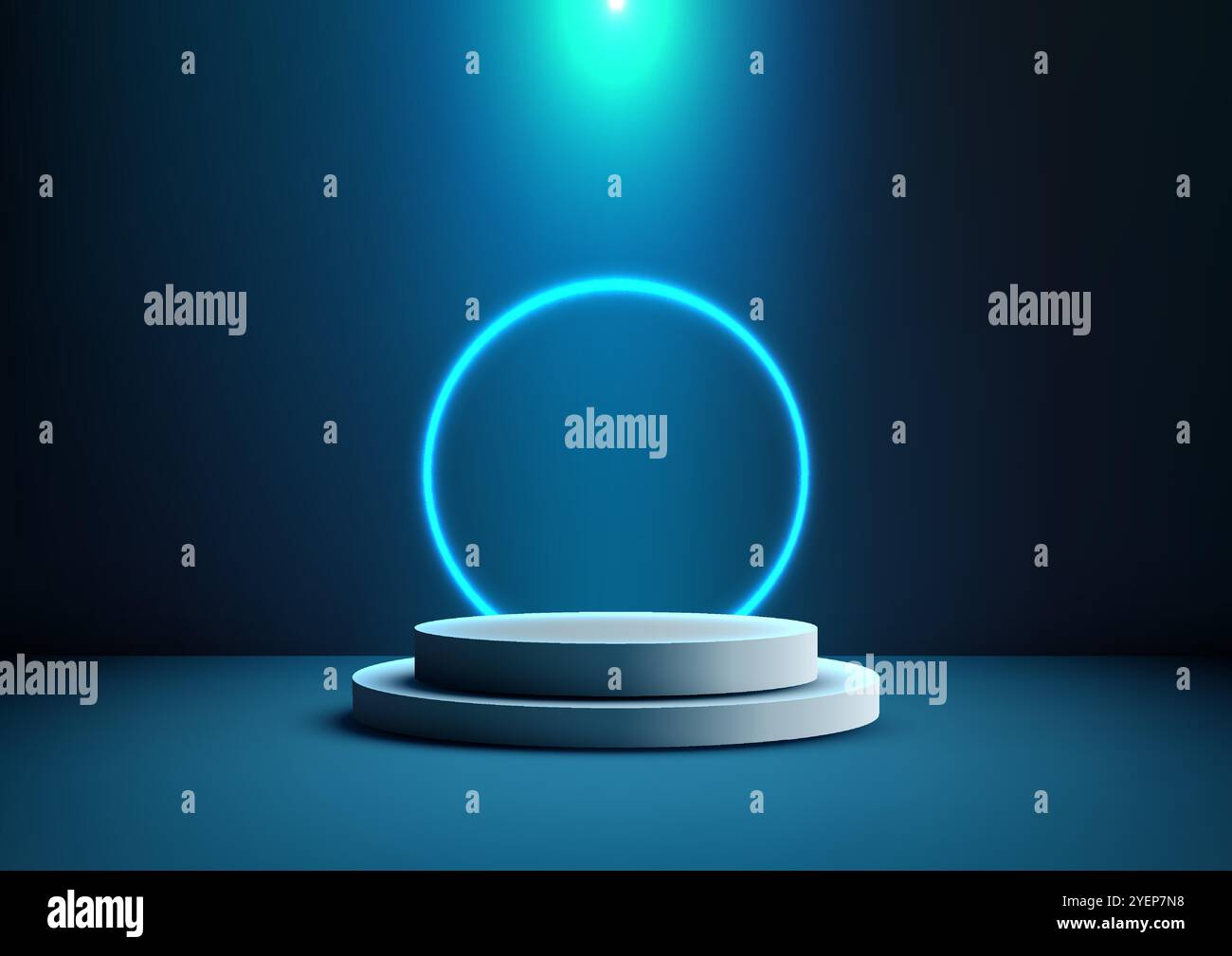 Futuristic 3D glowing blue neon ring a sleek white podium on a dark background, perfect for ...