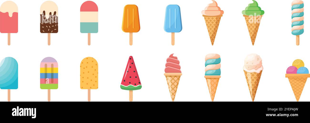 Ice cream popsicle icon set collection in flat style. Tasty dessert ...