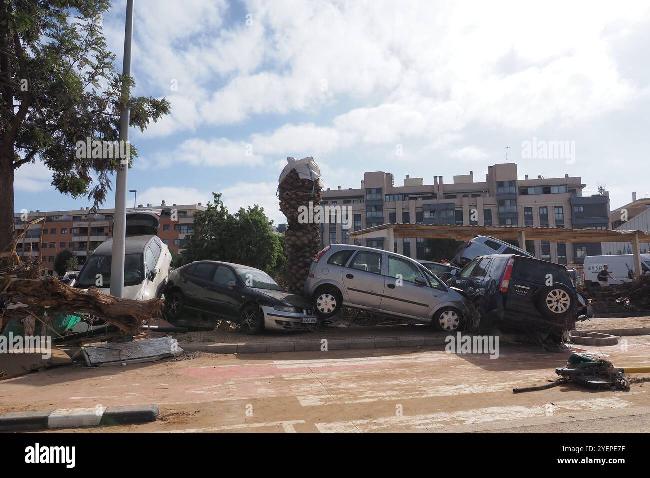 The aftermath of hurricane Dana in Valencia, Spain - Cars piled up ...