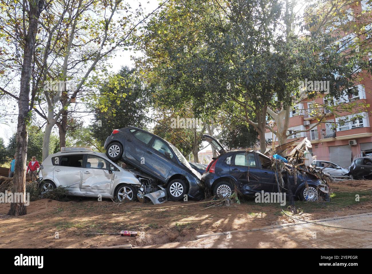 The aftermath of hurricane Dana in Valencia, Spain - Damaged cars piled ...