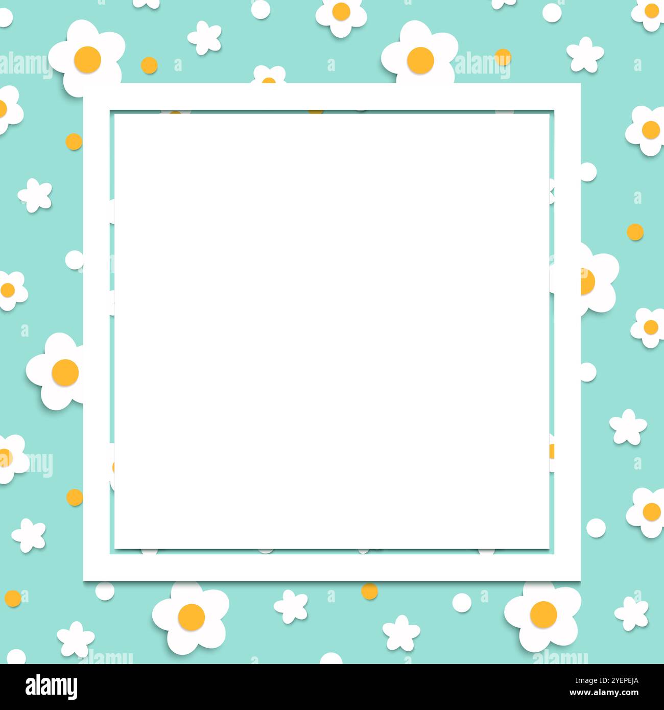 Paper cut spring floral square frame background. White flowers on cyan ...