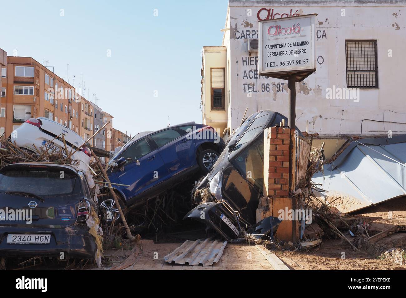 The aftermath of hurricane Dana in Valencia, Spain - Cars piled up ...