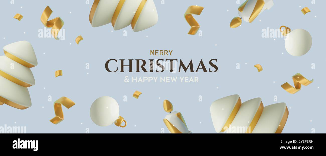 Winter festive banner design with 3d holiday decorations - pine trees ...