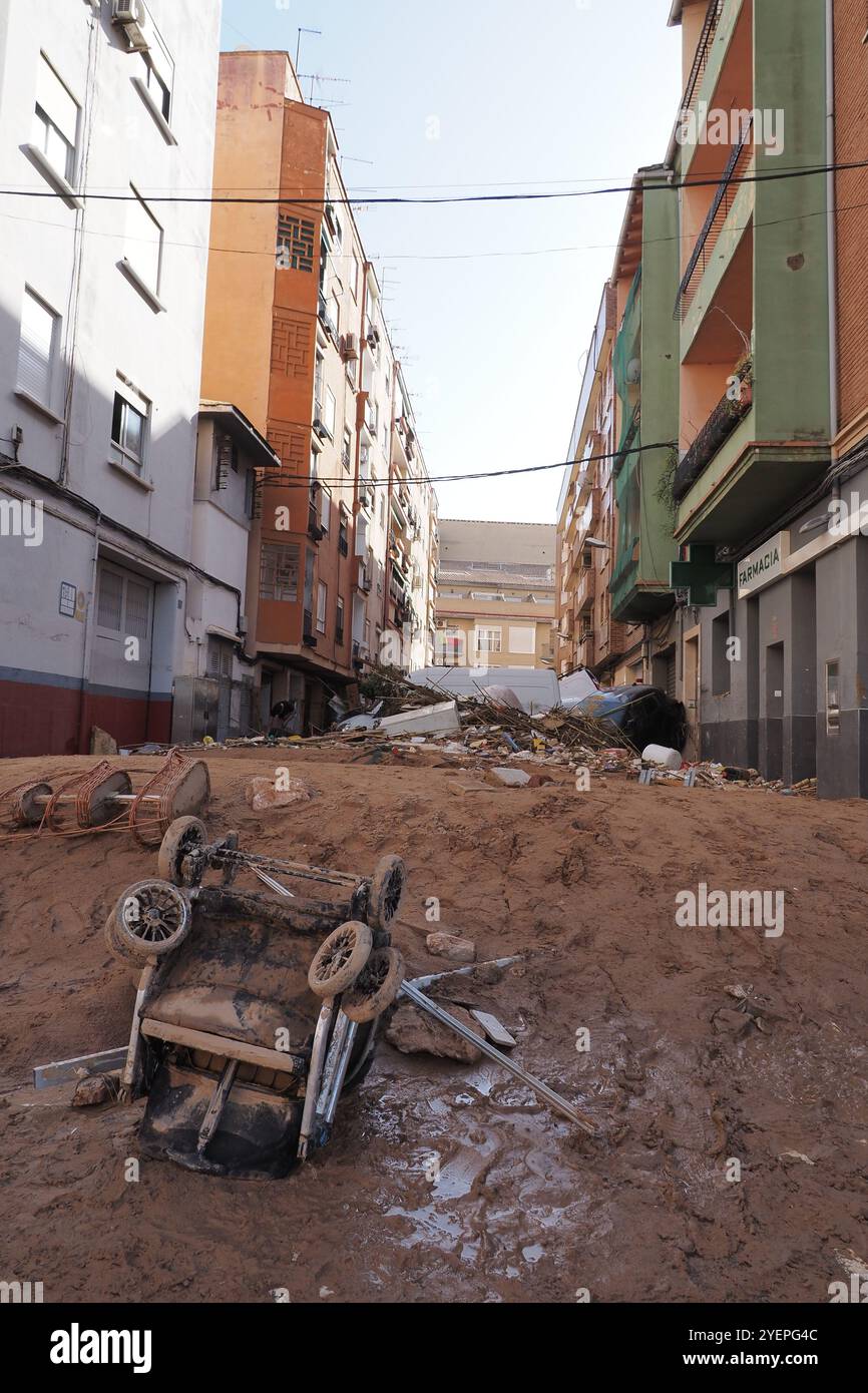 The aftermath of hurricane Dana in Valencia, Spain - Overturned cart ...