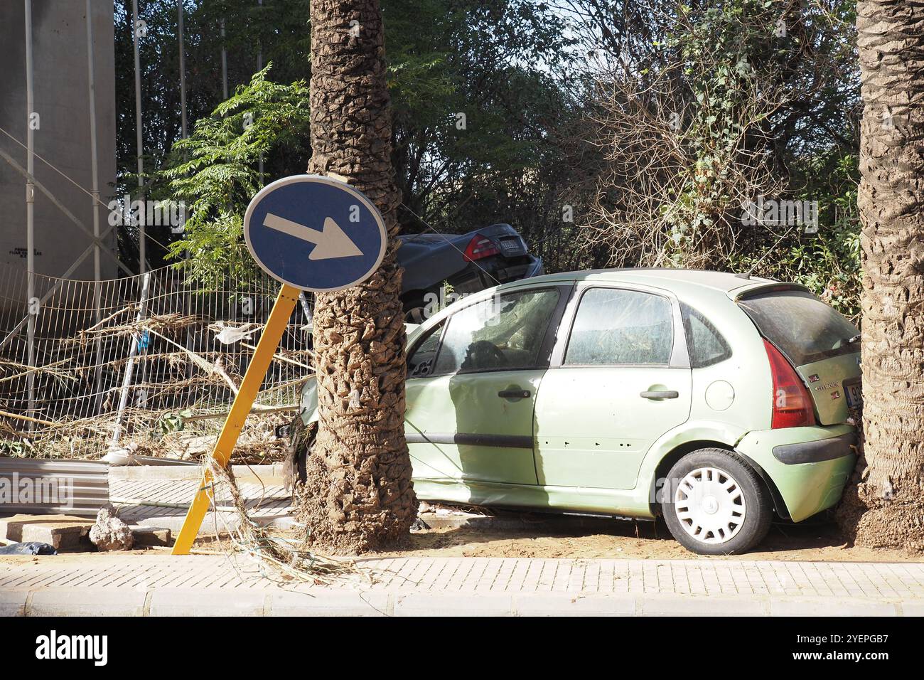 The aftermath of hurricane Dana in Valencia, Spain - Damaged car stuck ...