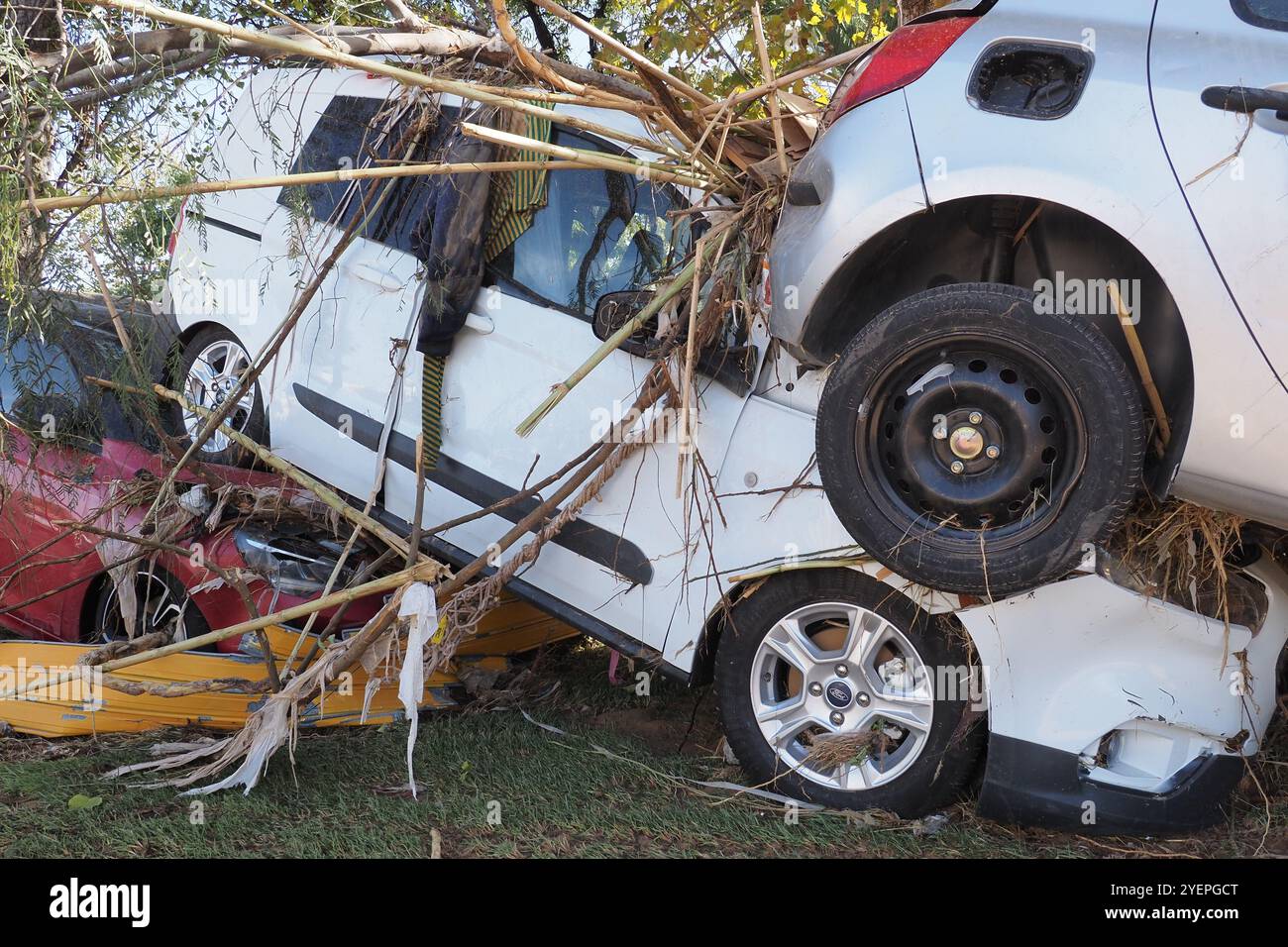 The aftermath of hurricane Dana in Valencia, Spain - Cars piling up ...