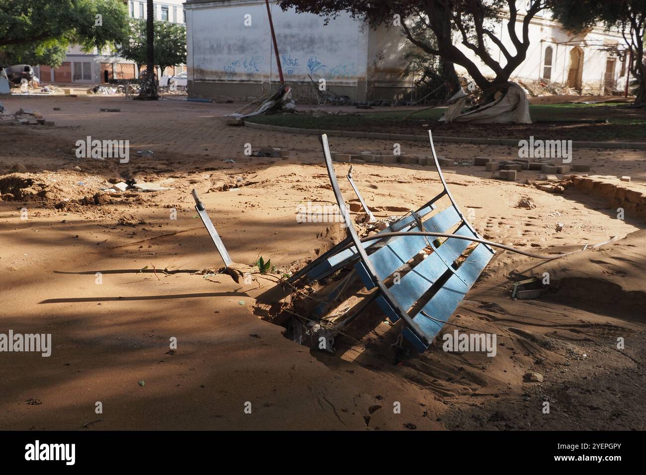The aftermath of hurricane Dana in Valencia, Spain - Broken bench ...
