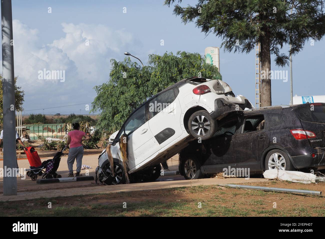 The aftermath of hurricane Dana in Valencia, Spain - Cars piled up ...