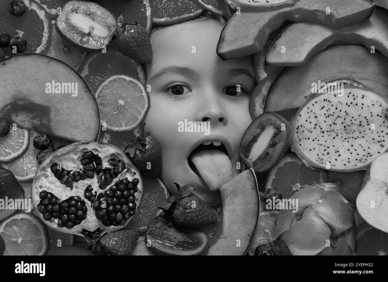 Kid licking melon. Child face with fruits. Kids face with mix of ...