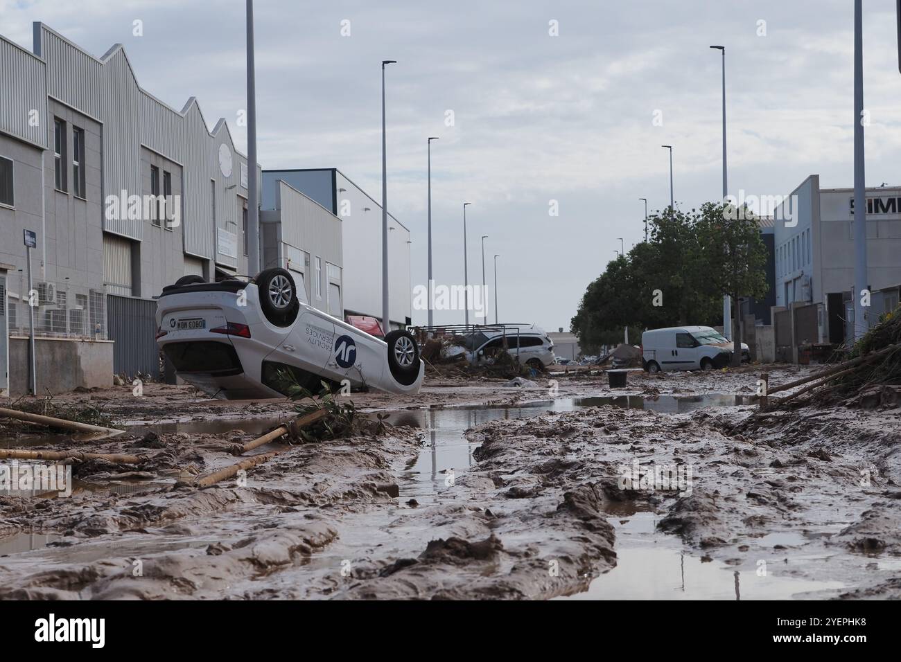 The aftermath of hurricane Dana in Valencia, Spain - Overturned car in ...