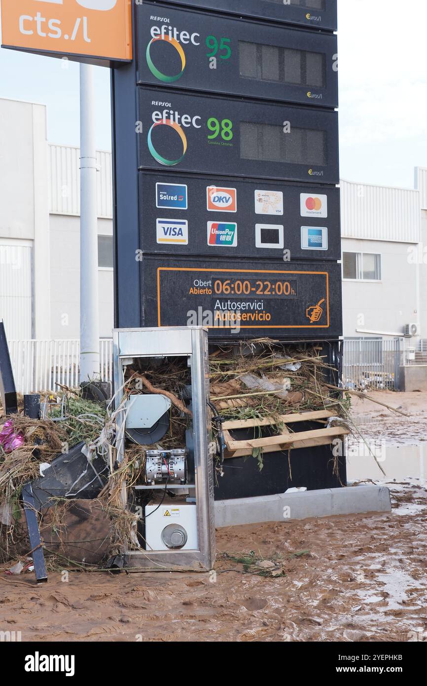 The aftermath of hurricane Dana in Valencia, Spain - Gas station sign ...