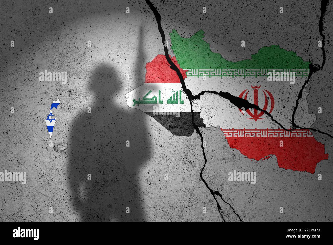 Flags of Israel, Iraq and Iran painted on a concrete wall with soldier ...