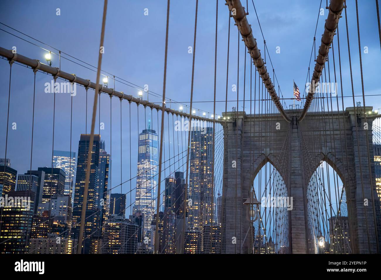 This image highlights the iconic view from the Brooklyn Bridge ...