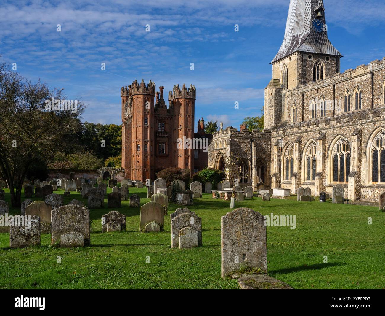 Deanery Tower and St Marys church in the town of Hadleigh, Suffolk; the ...