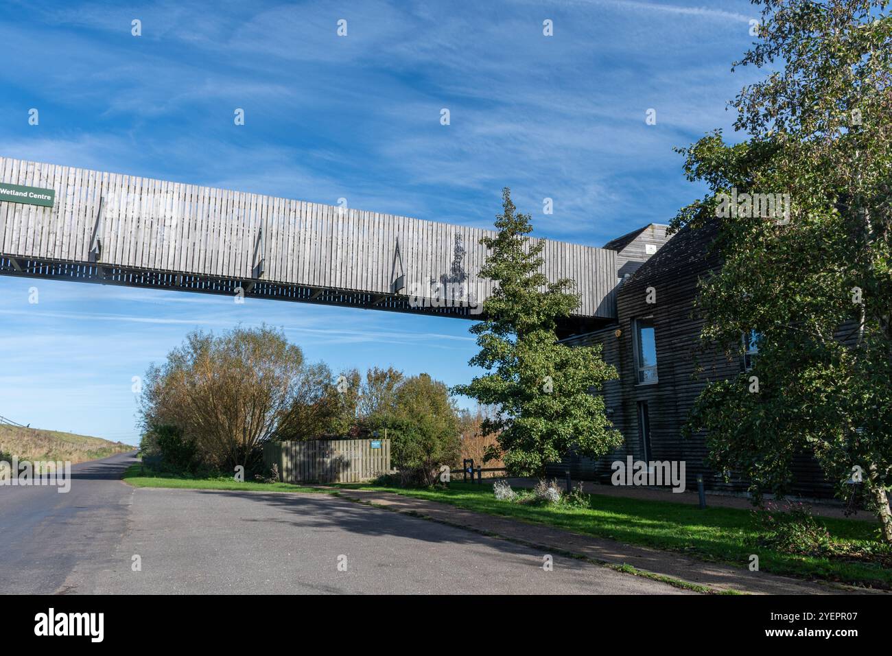 WWT Welney Wetland Centre, view of the visitor centre and bridge at the ...