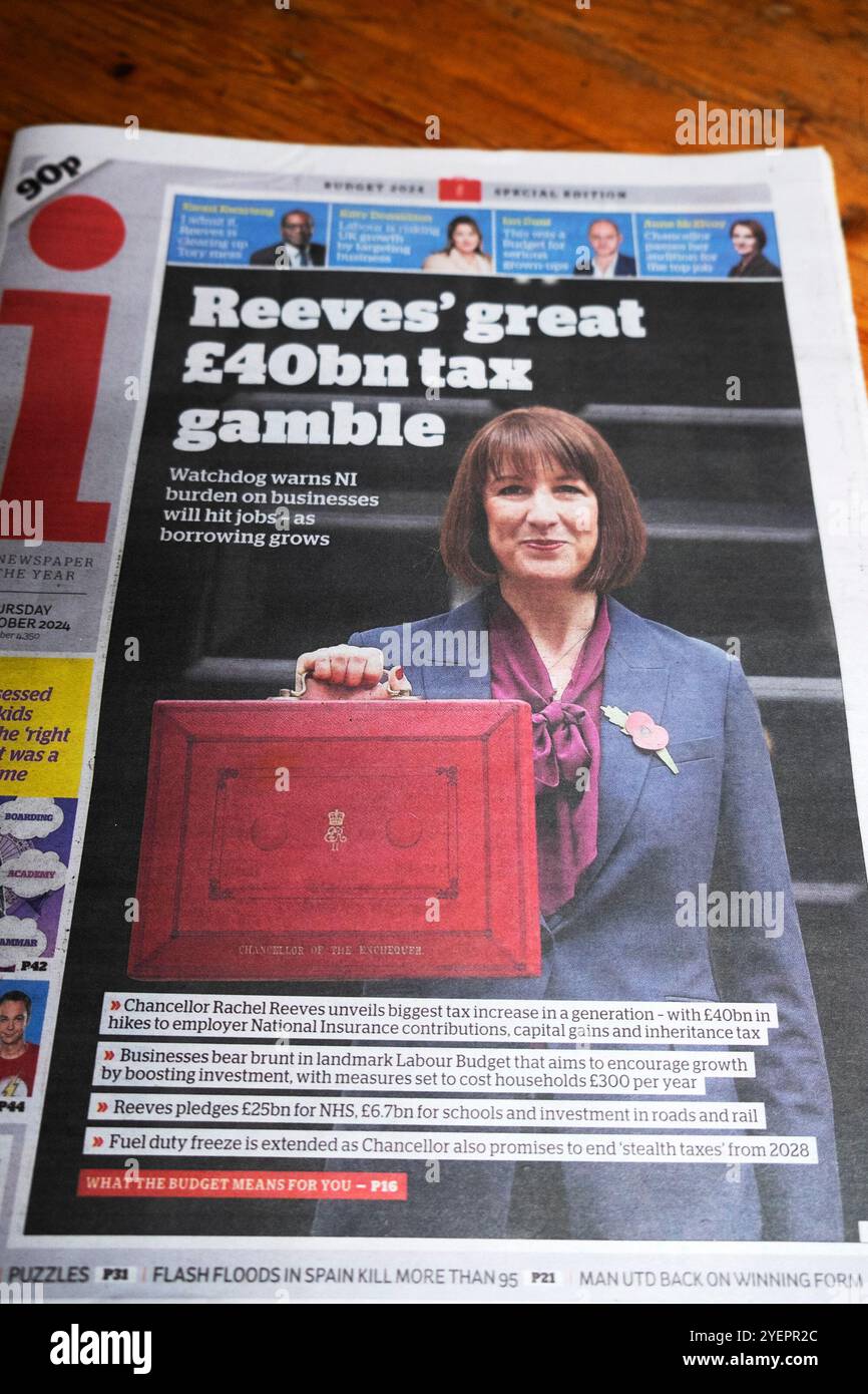 Rachel 'Reeves' great £40bn tax gamble' i newspaper headline front page ...