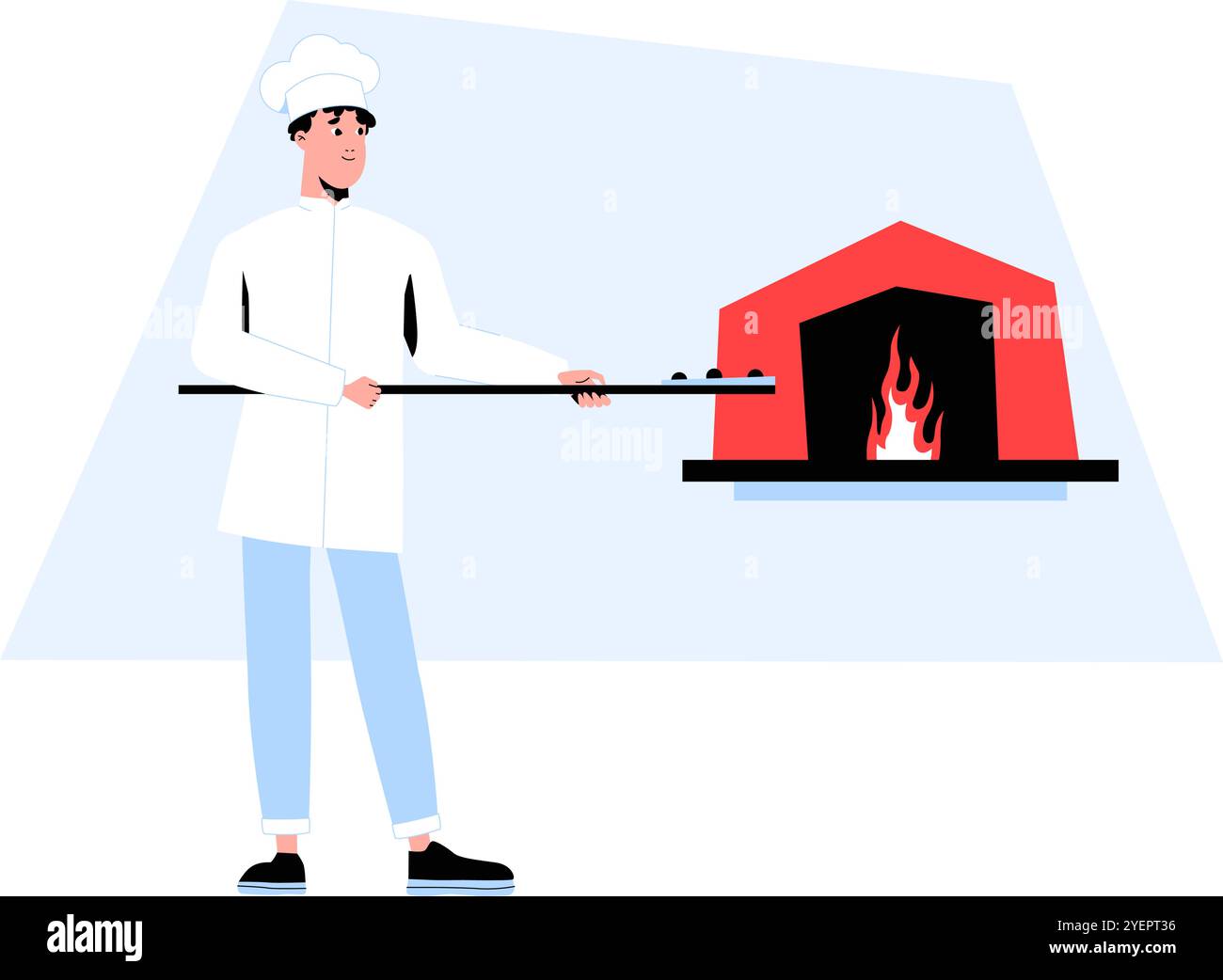 Male Chef Operating Pizza Oven With Paddle In Flat Vector Illustration ...