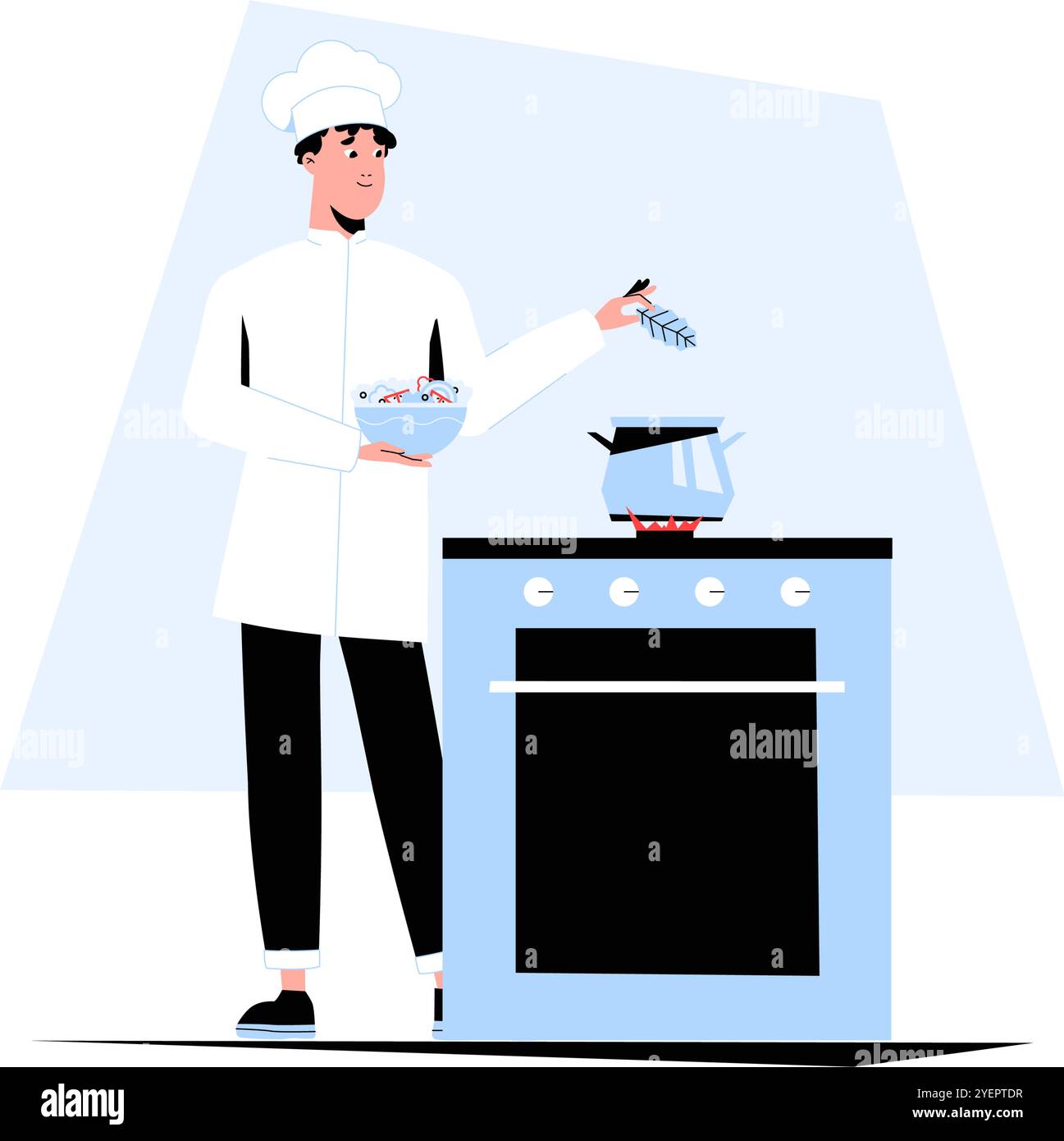 Male Chef Preparing A Meal On Stovetop In Flat Vector Illustration ...