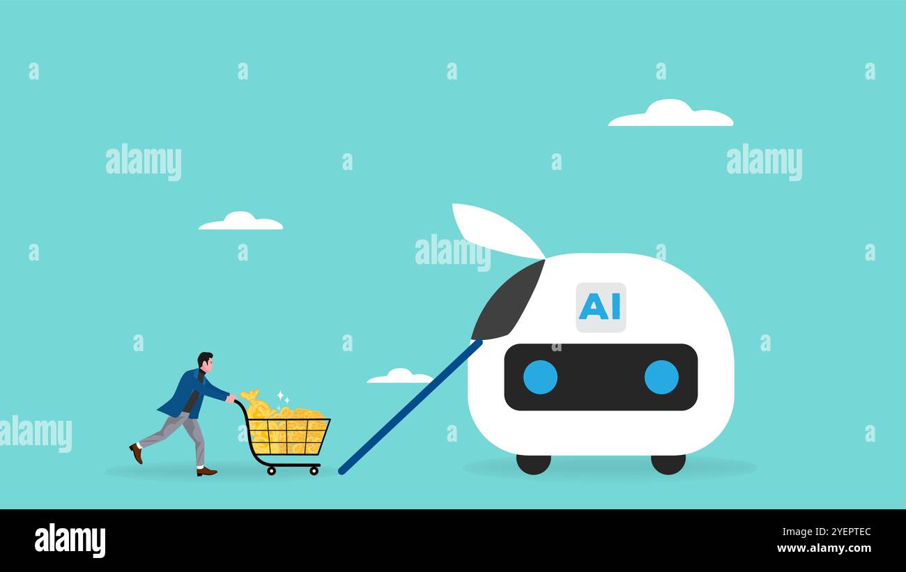artificial intelligence and the future of work illustration with a businessman who bring money ...
