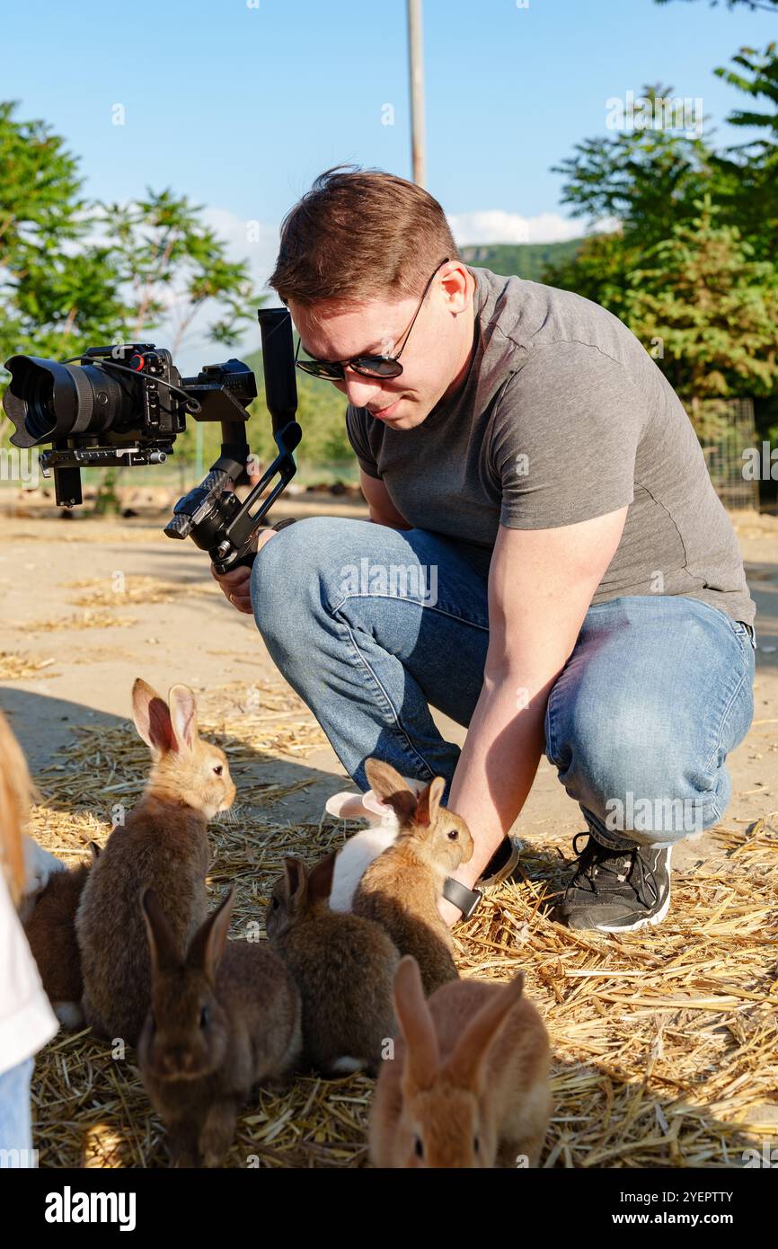 A man films adorable rabbits while kneeling in a sunny farmyard Stock ...