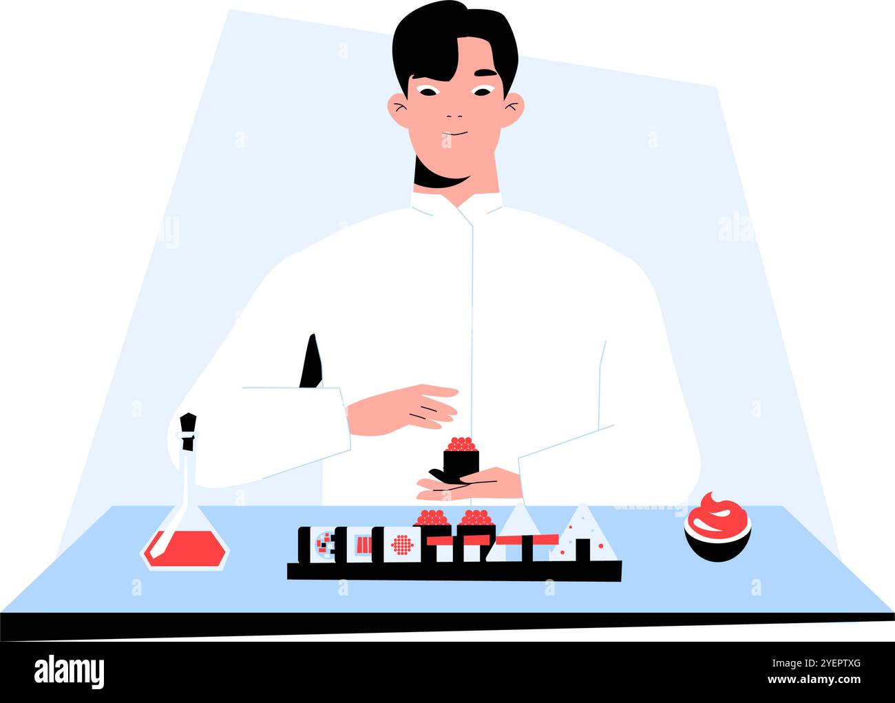 Male Chef Making Sushi In Flat Vector Illustration Symbolizing Japanese ...