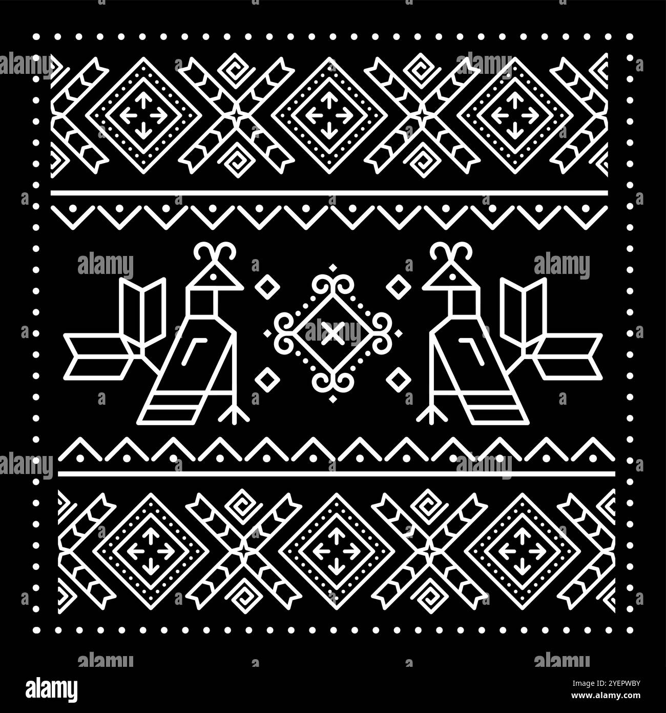Slovak traditional folk art vector square geometric pattern with birds ...