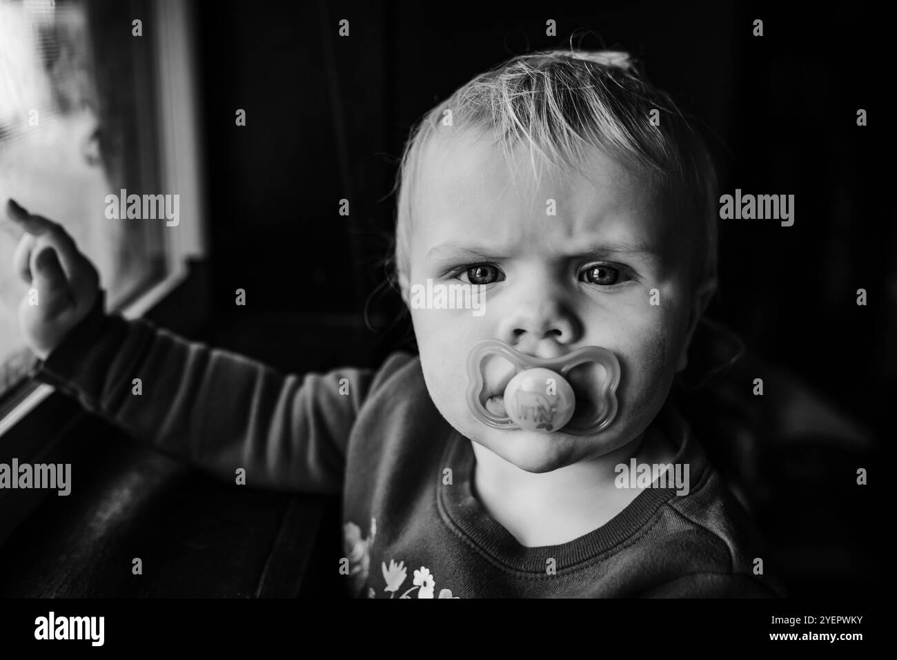 Black and white toddler face with pacifier in window light Stock Photo ...