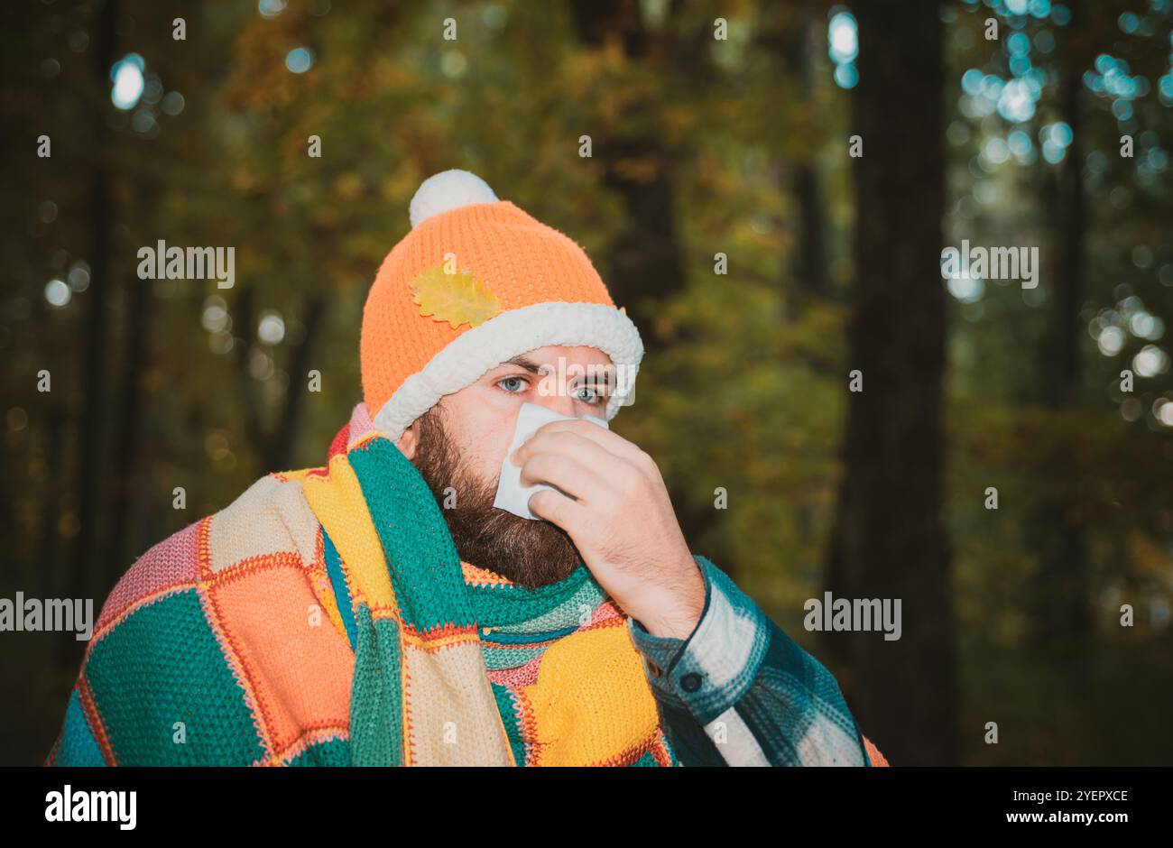 Bearded man sneezing and coughing. Sick guy catch cold. Sick boy at ...
