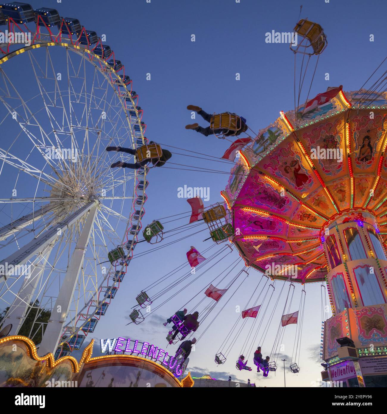 A funfair at dusk with illuminated chain carousel and Ferris wheel, Europa Rad, rides, wave ...