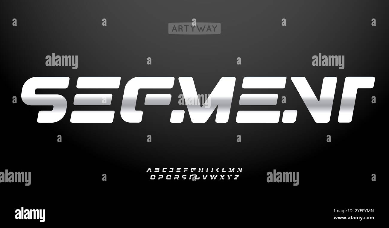 Segmented chrome font, sleek rounded cutouts letters, glossy futuristic ...
