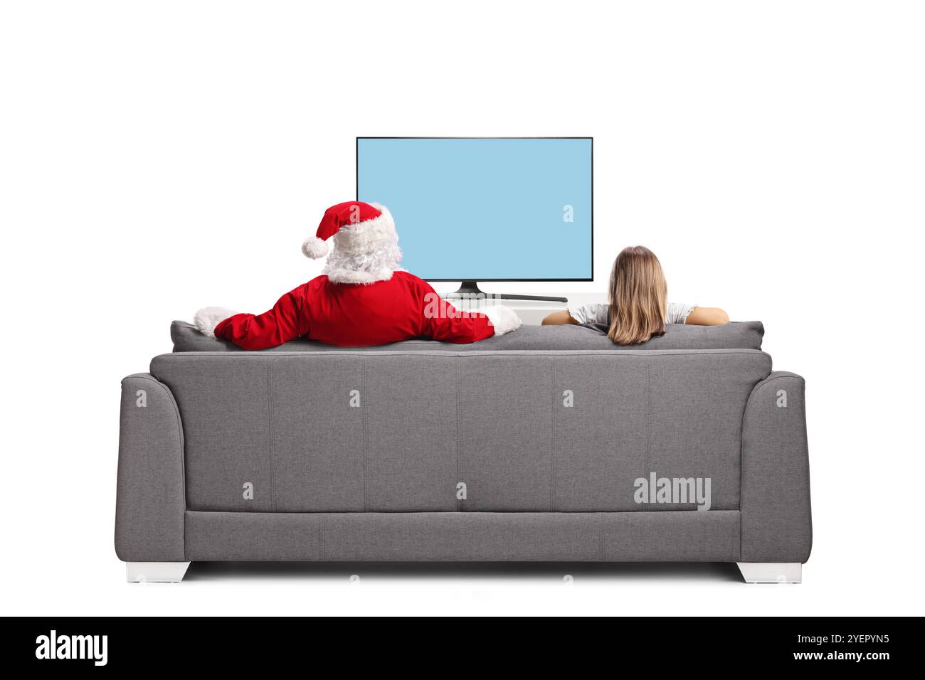 Girl and Santa claus sitting on a sofa and watching tv isolated on ...