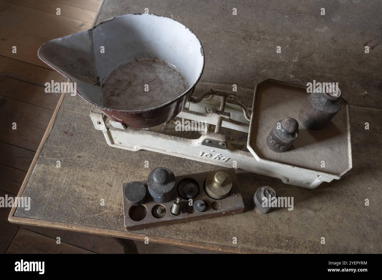 Old scales with weights in a former corn mill, Bavaria, Germany, Europe ...