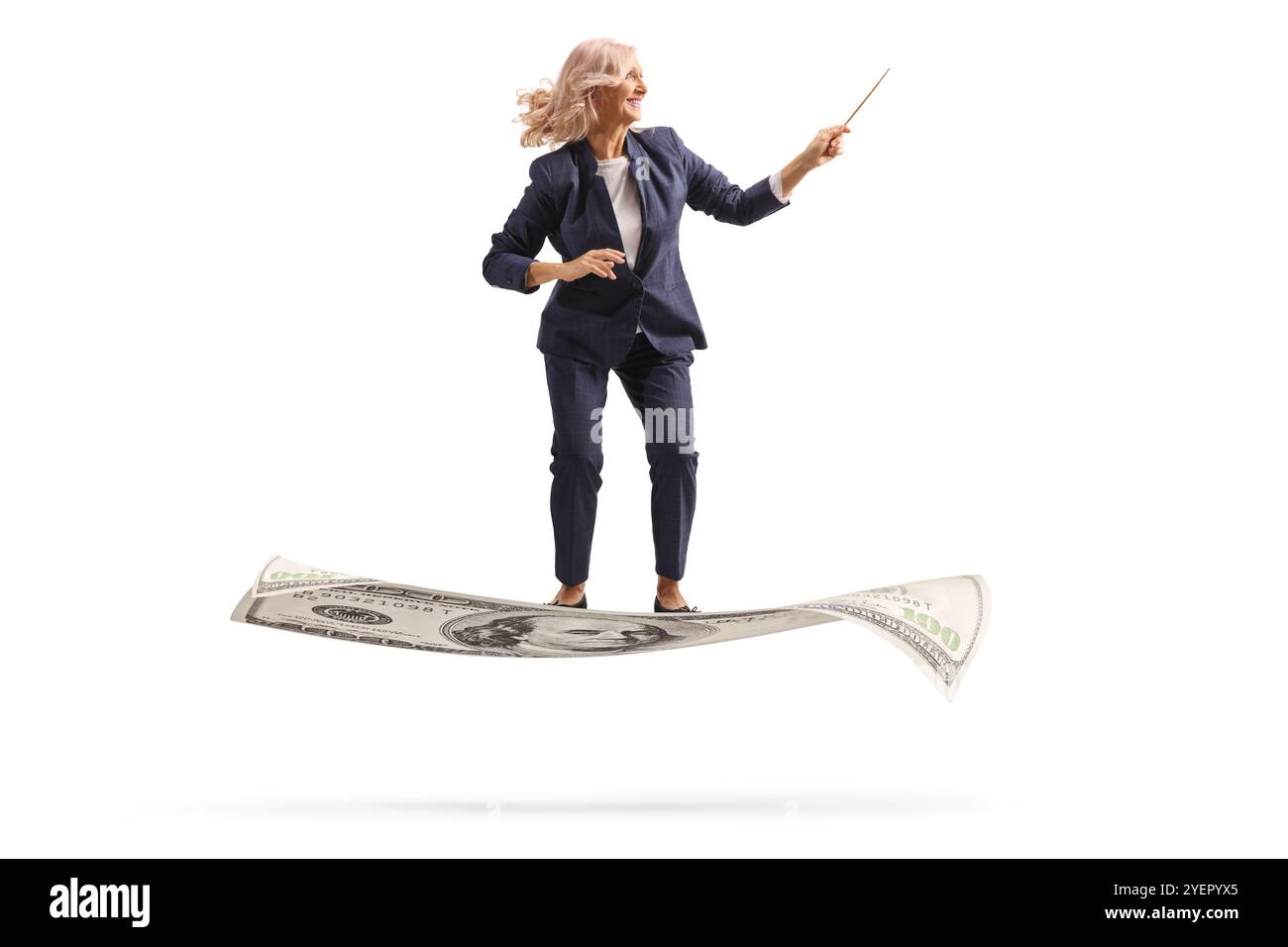 Businesswoman flying on money isolated on white background Stock Photo ...
