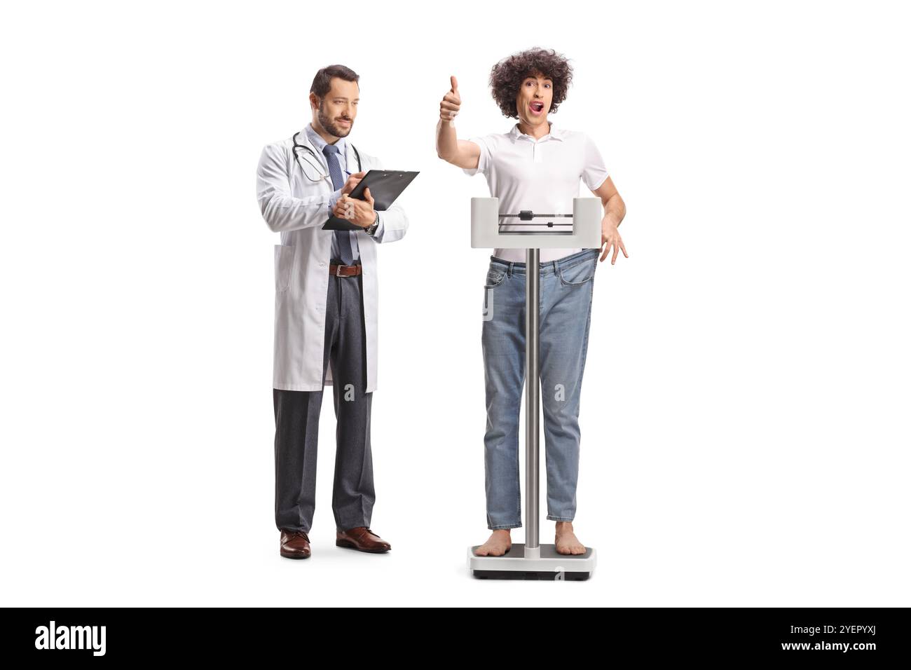 Young man on a weight scale gesturing thumbs and doctor writing a ...