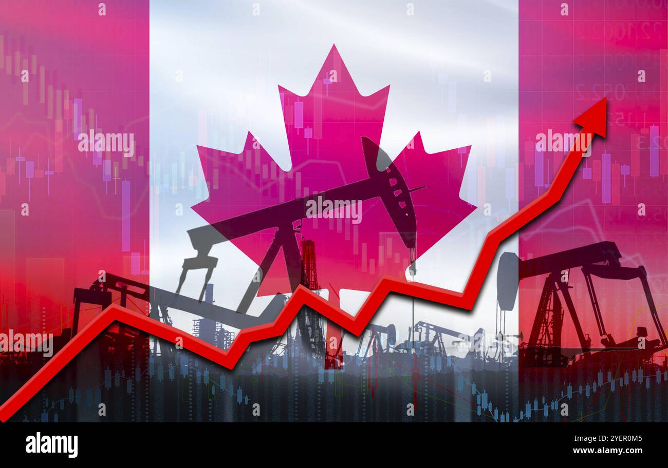 Oil pumps with Canada flag on economic graph. Oil production with ...