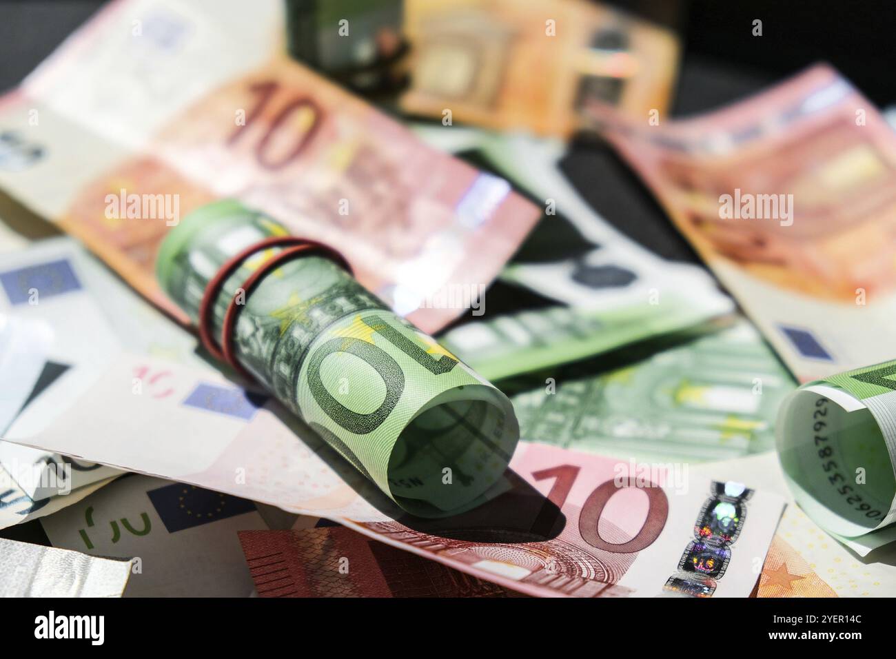 Close up of Euro money roll. Euro banknote set cash money, EU currency ...
