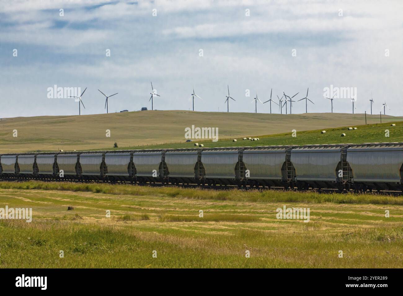 Row of metallic wagons of a Canadian freight train running between ...