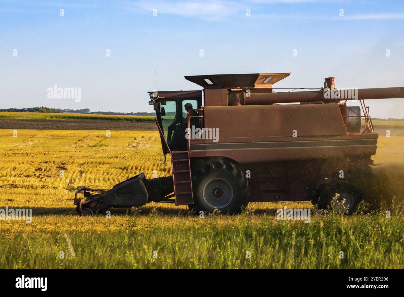 A side profile view of a large combine harvester farm machine at work ...