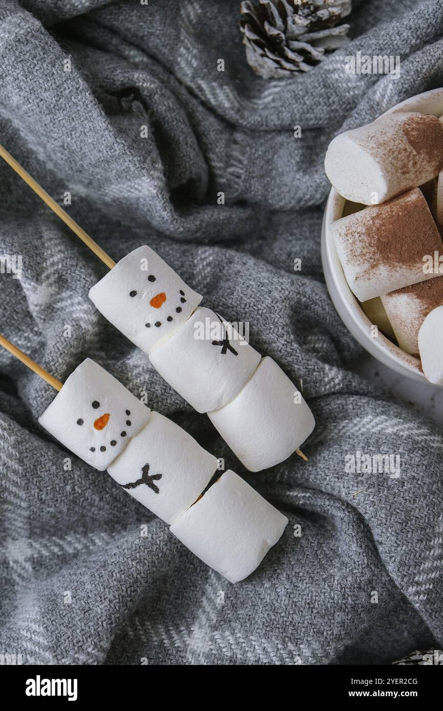 Two happy funny marshmallow snowmen. Marshmallow friends. Diy. Sweet treat for kids funny ...