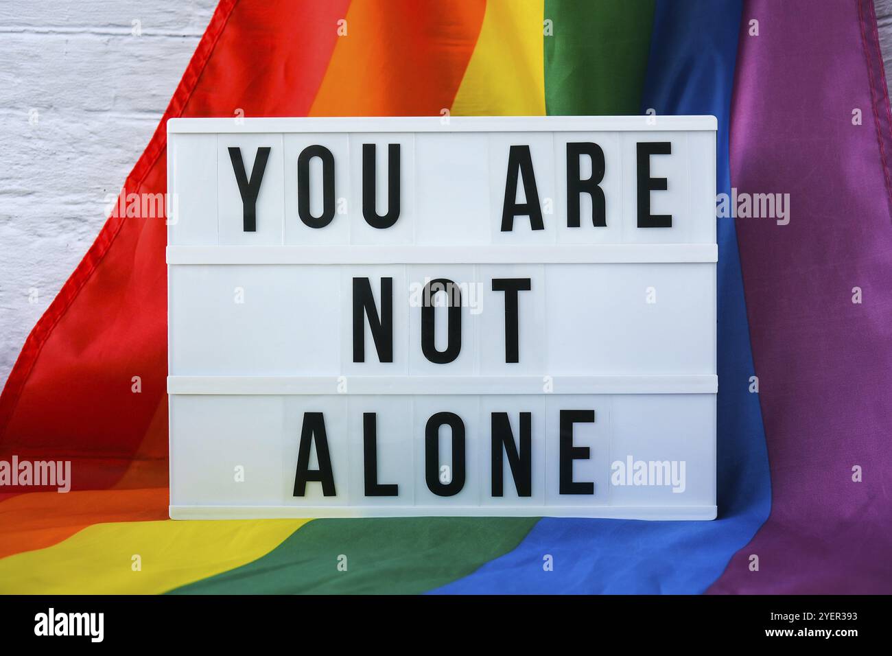 Rainbow flag with lightbox and text YOU ARE NOT ALONE. Rainbow lgbtq ...