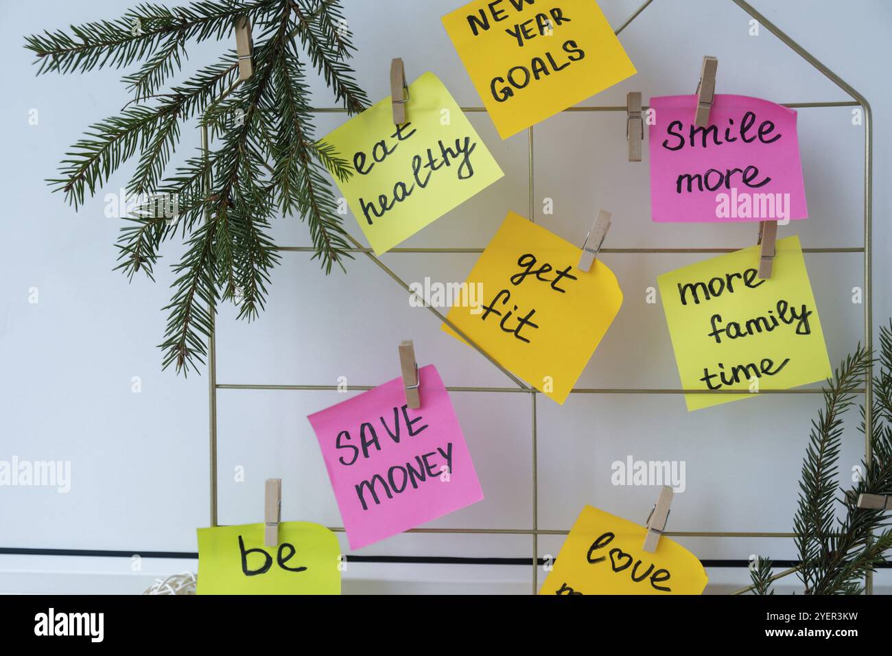 Vision board with new year resolutions aims goals on sticky notes ...