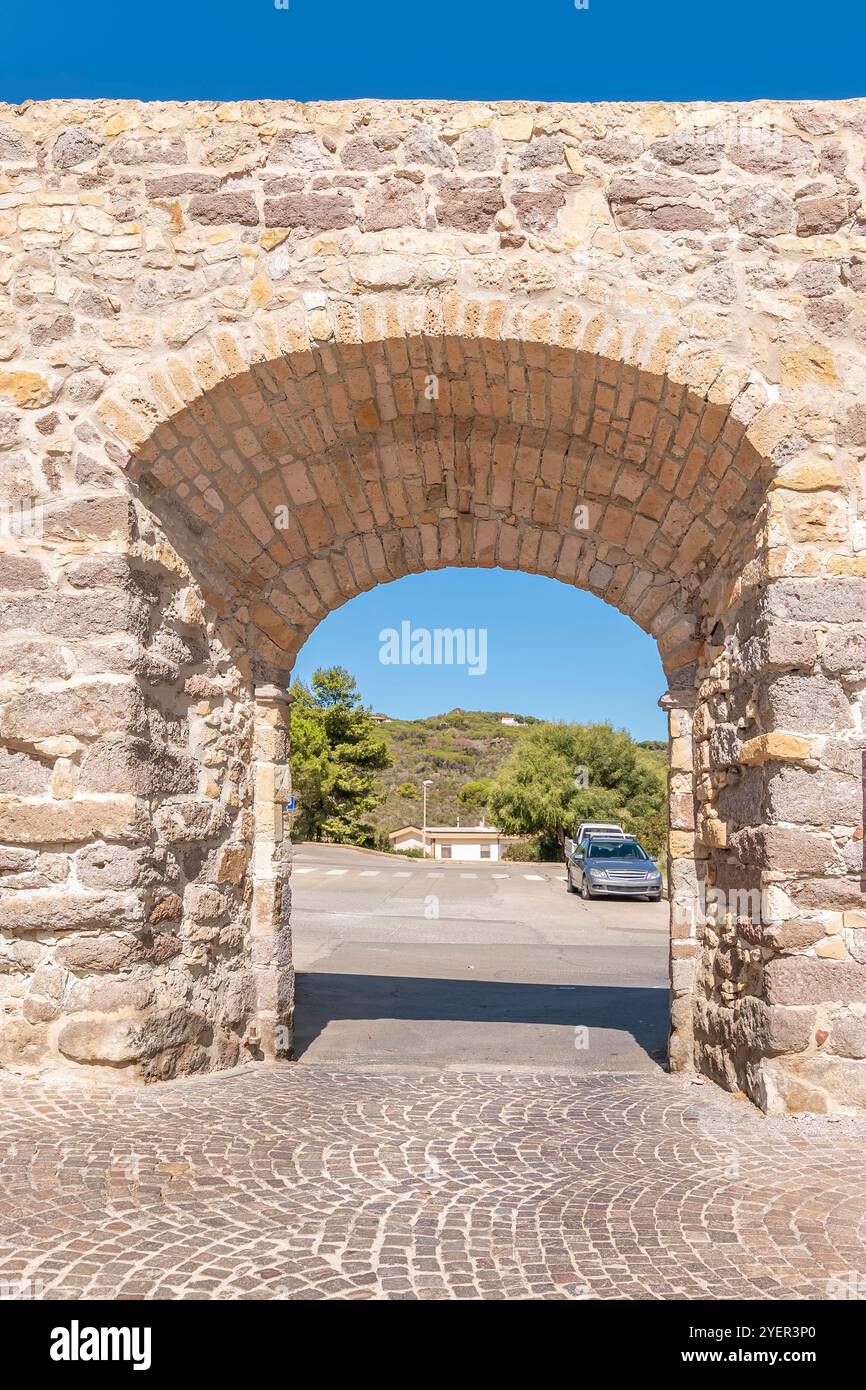 The ancient Porta Leone, lion gate, in the city walls of Carloforte ...