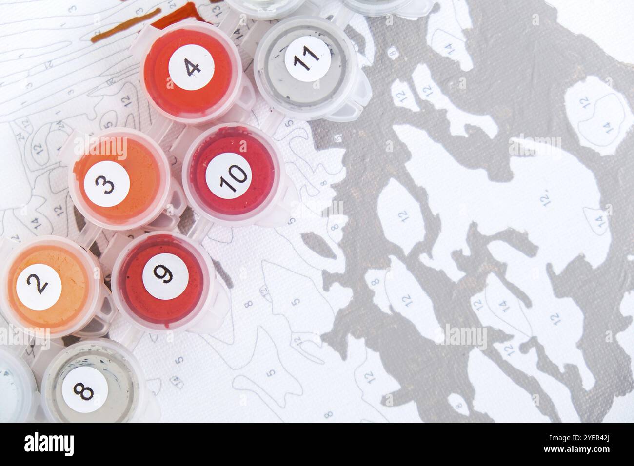 Acrylic paints on numbered canvas. Picture by numbers. Creative hobby ...