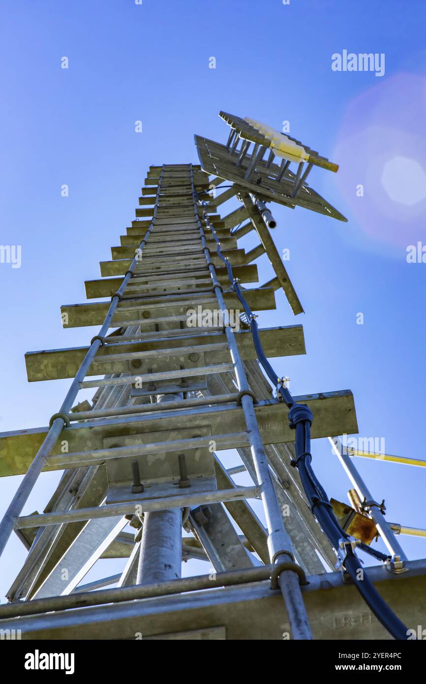 Looking straight up a radio transmission tower, showing details of the ...