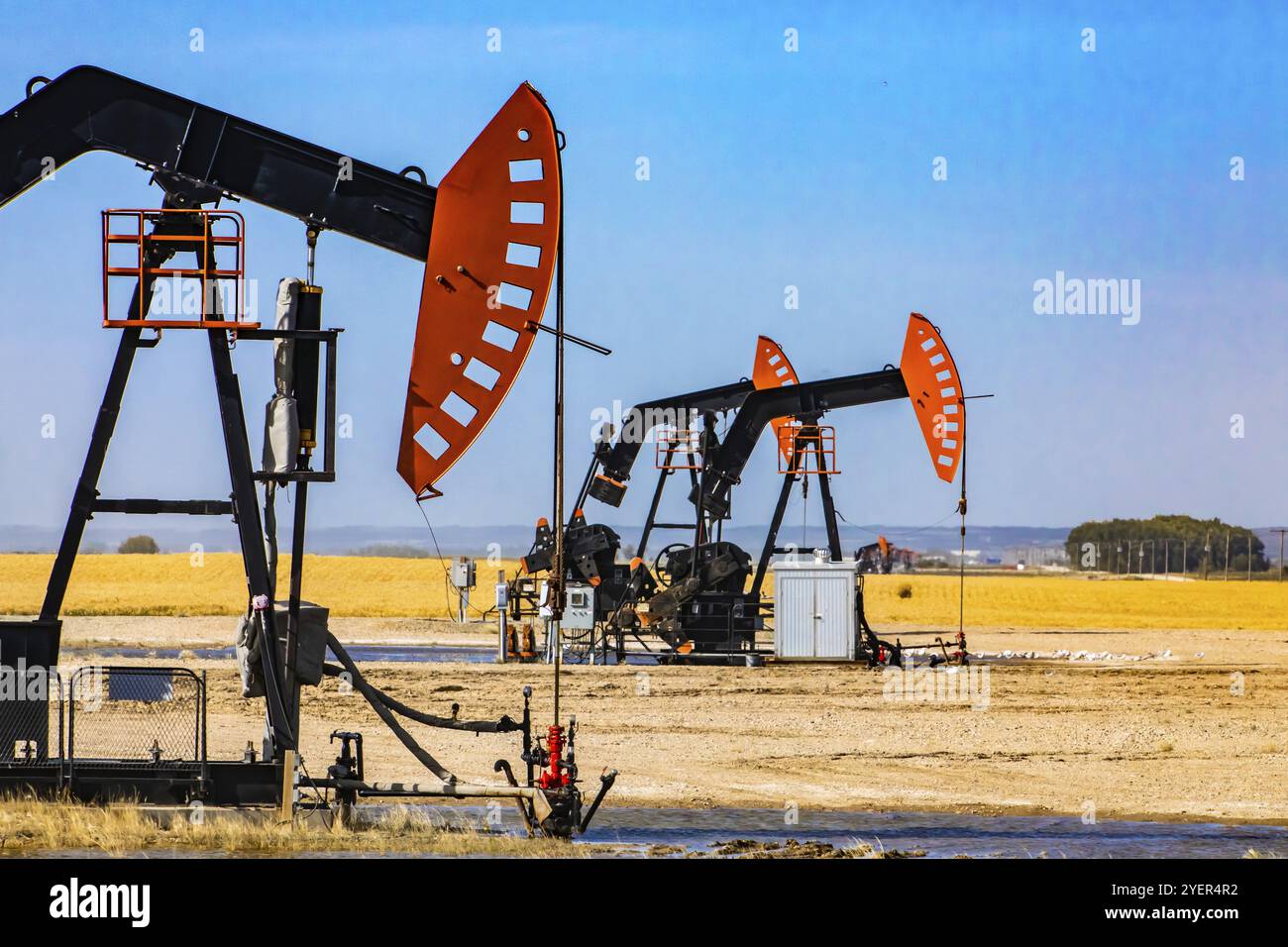 A group of pumpjacks are seen over oil wells in countryside of Alberta ...